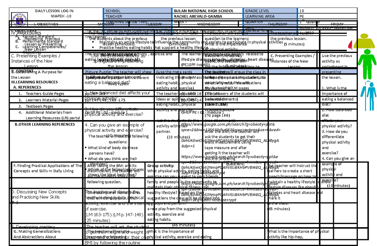 DLL Q1-W1 - PE Lesson Plan on Lifestyle and Fitness Management - Studocu