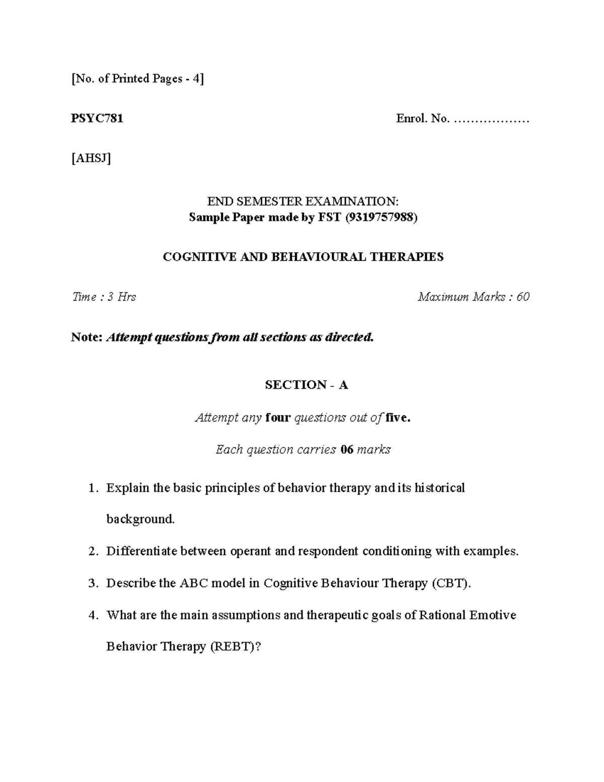 PSYC781 END SEMESTER EXAM: Sample Paper on CBT Techniques - Studocu