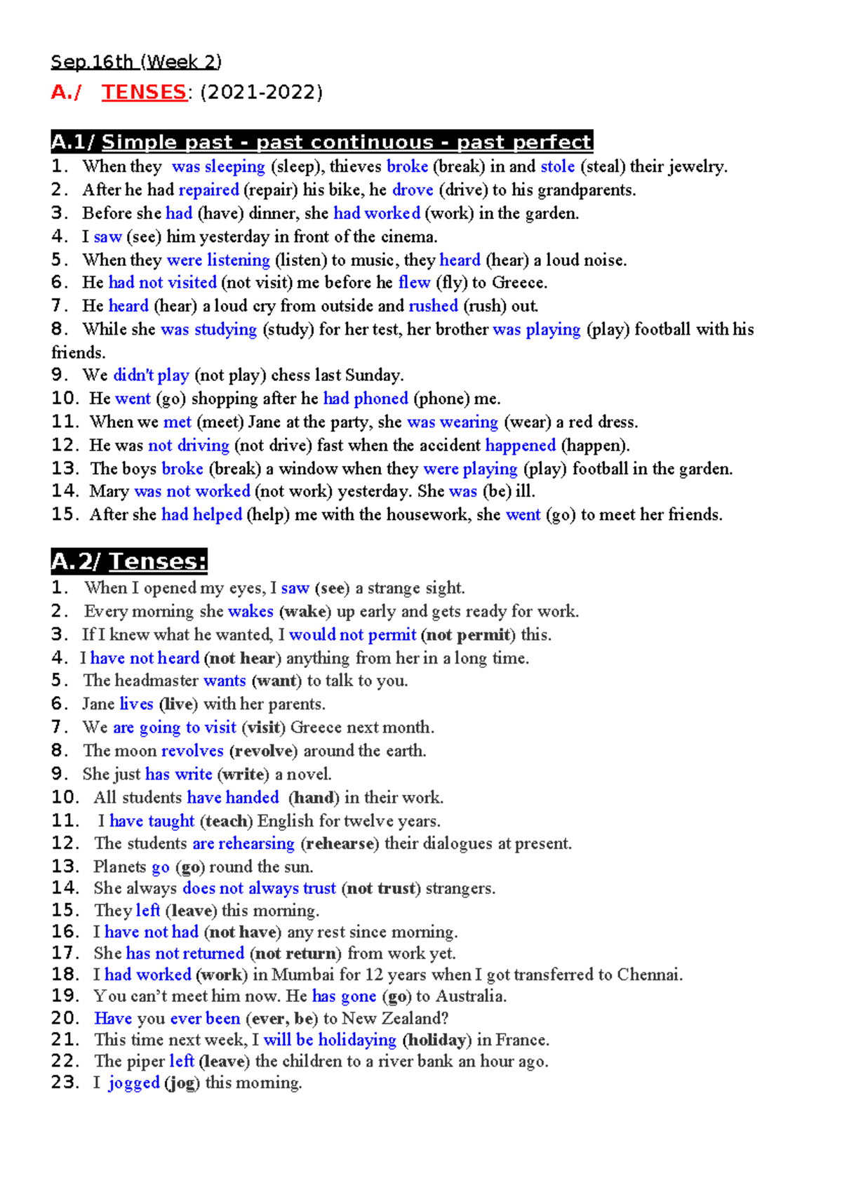 BTVN UNIT 1 - Tenses Practice: Simple Past, Continuous, Perfect - Studocu