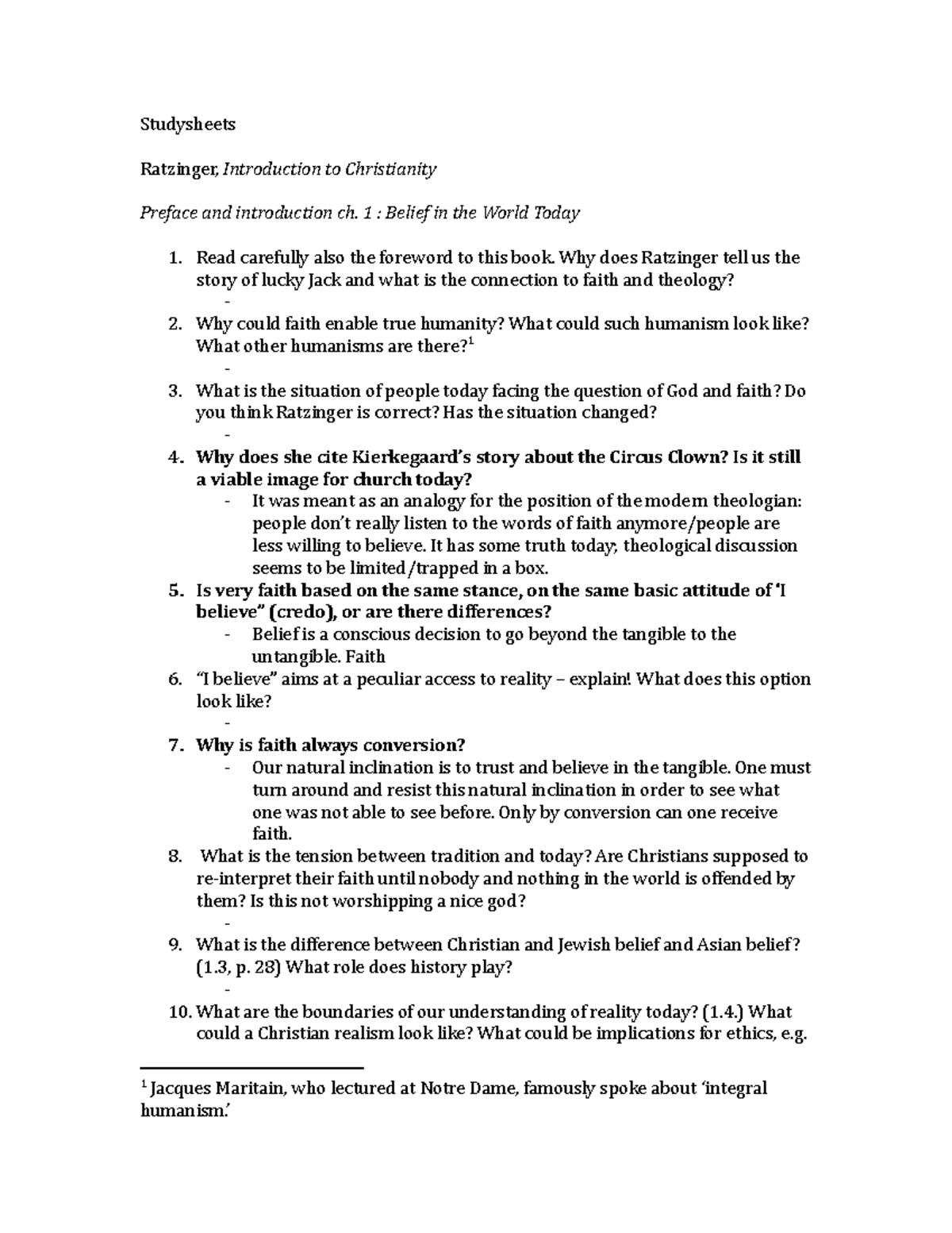 Ratzinger Summary Questions - Studysheets Ratzinger, Introduction to ...