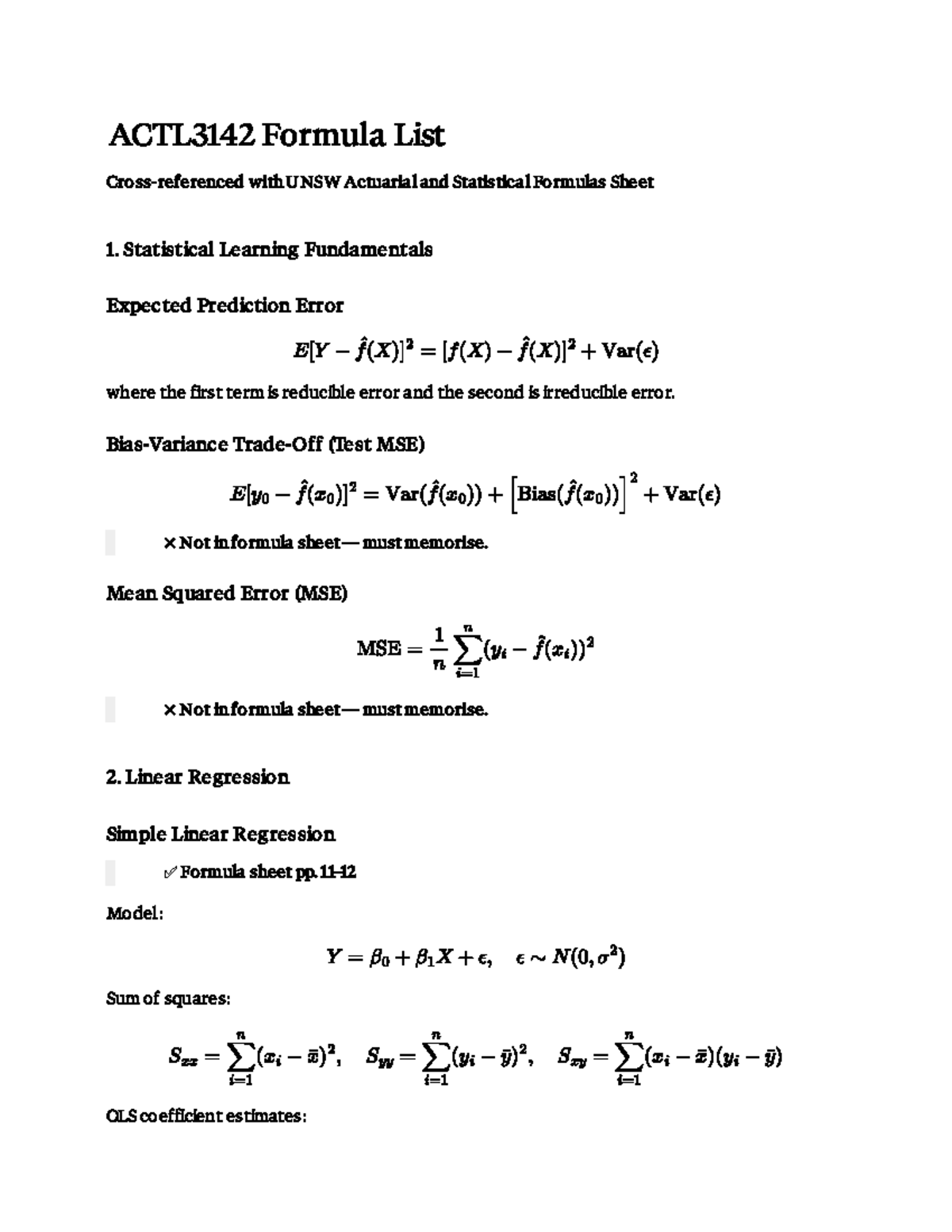 ACTL3142 Formula List - Lecture Notes on Statistical Learning - Studocu