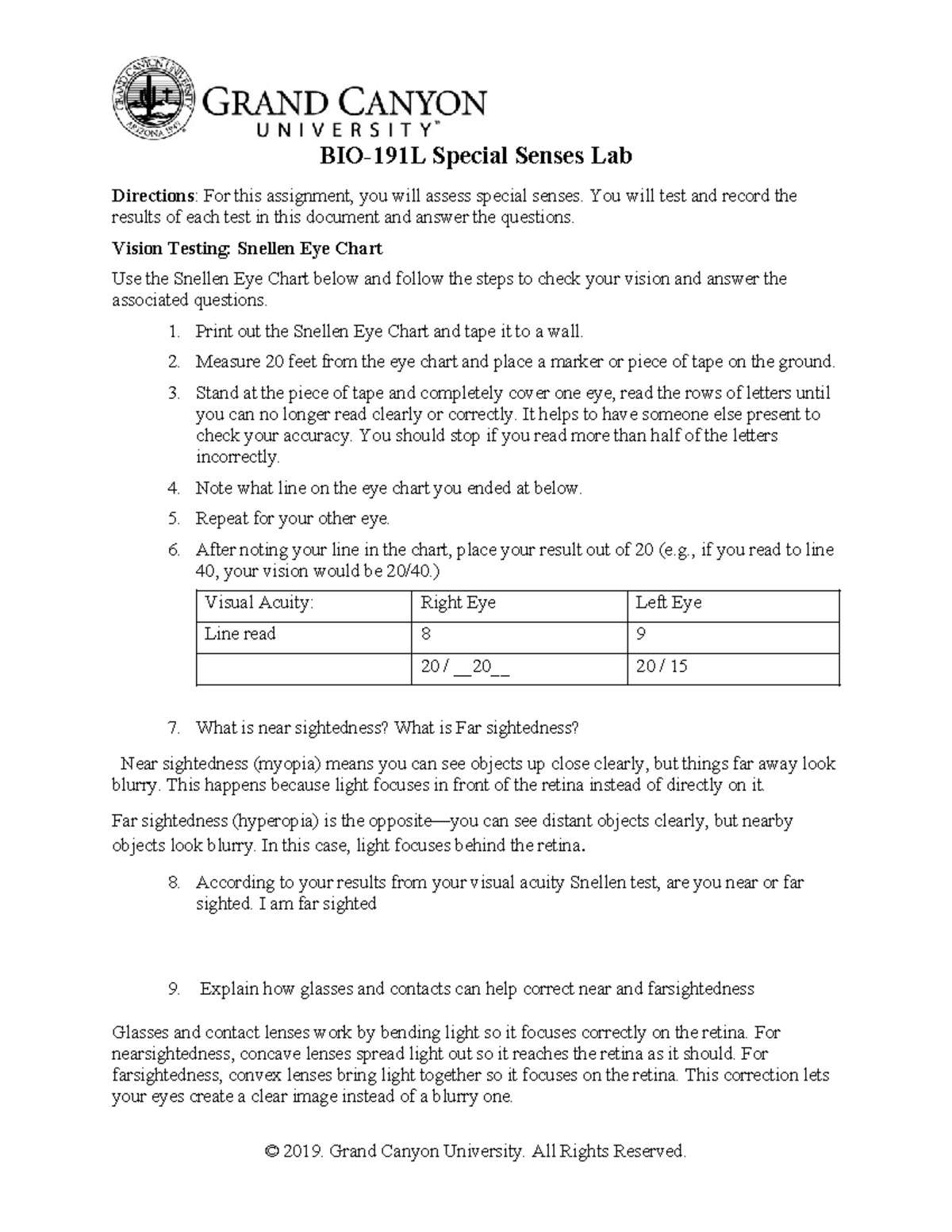 BIO 191L Special Senses Lab Directions and Testing Procedures - Studocu
