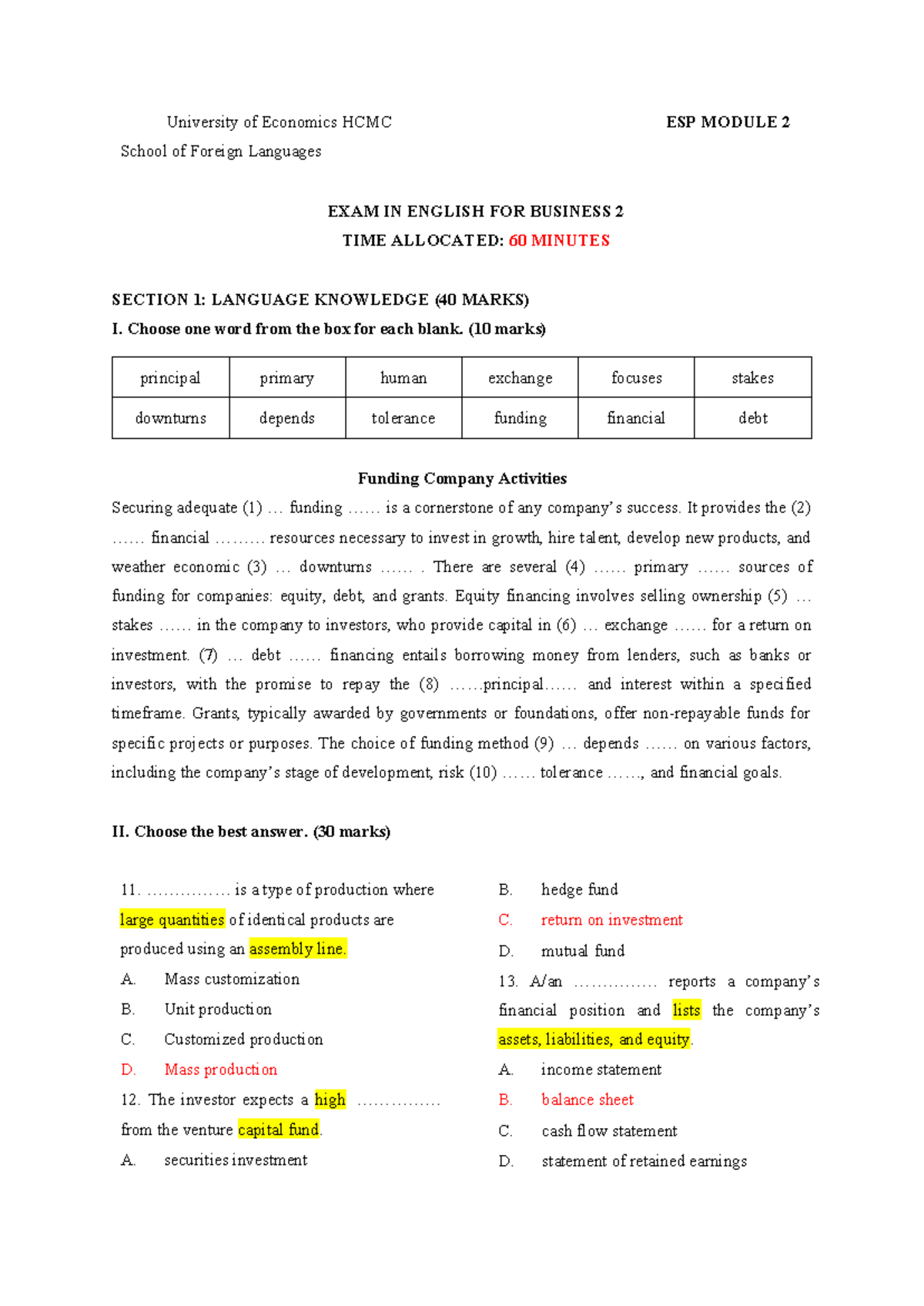 ESP2 - English for Business - Sample Test Exam - Studocu