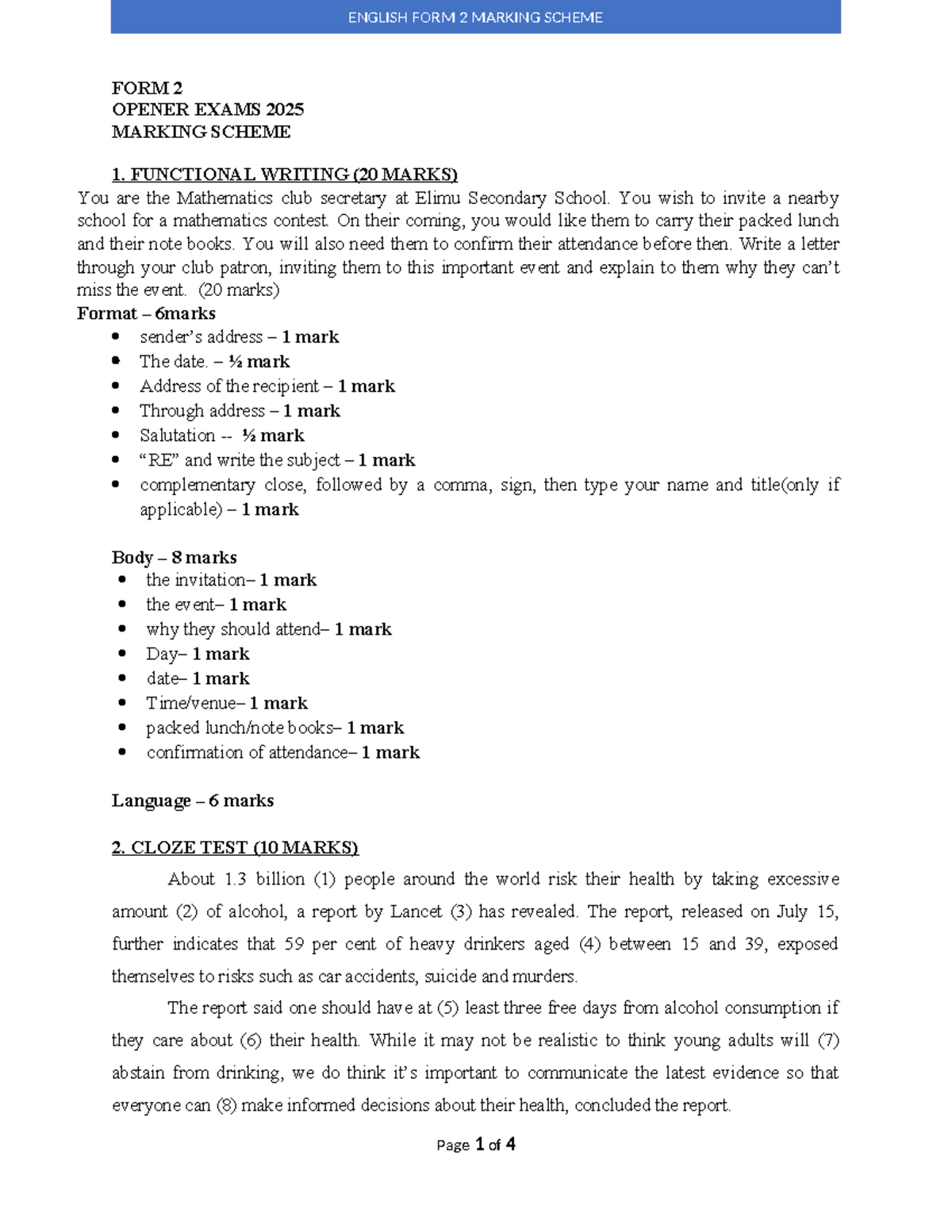 English F2 Marking Scheme - Opener Exams 2025 - Studocu
