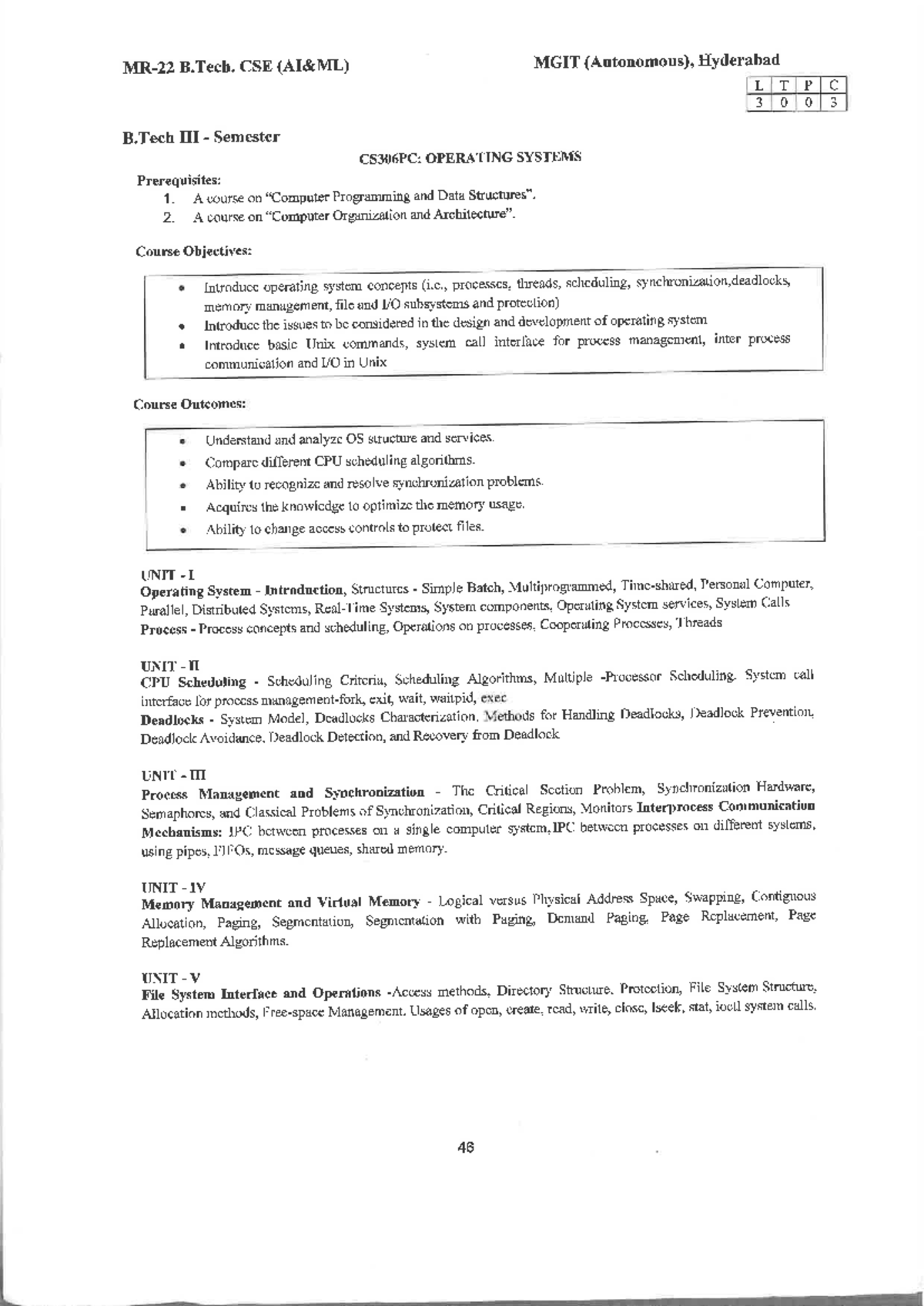 B.Tech. CSE MGIT (Autonomous) CS306PC: Operating Systems Unit I Notes ...