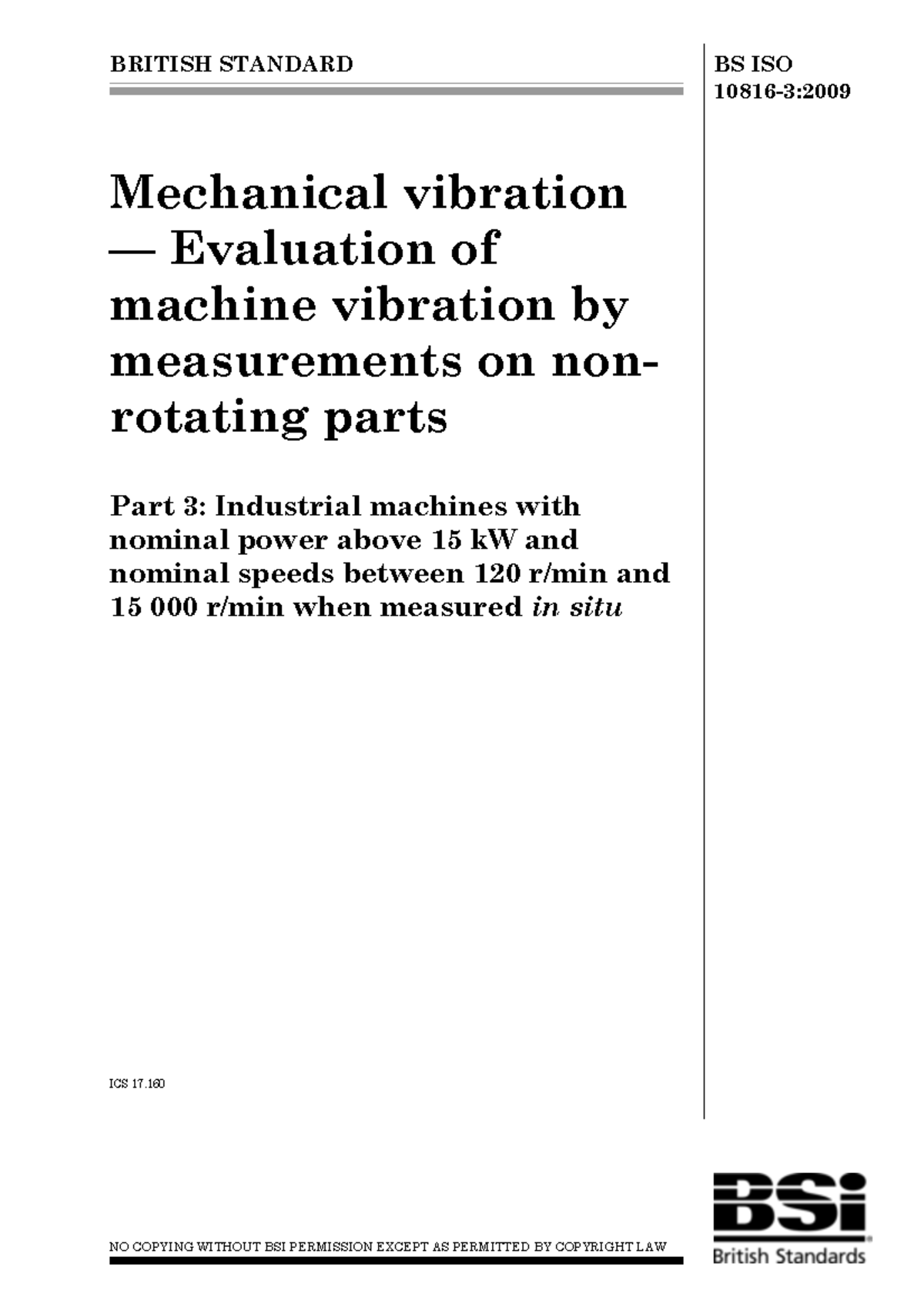 BS ISO 10816-3:2009 - Evaluation of Industrial Machine Vibration - Studocu