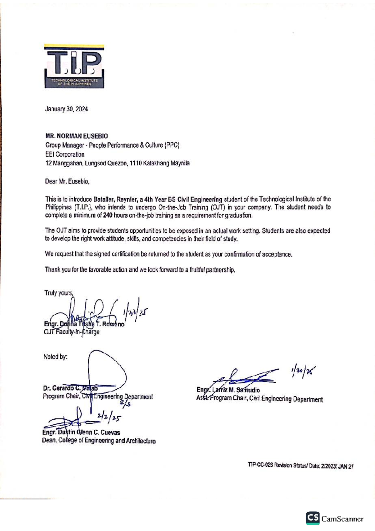 Endorsement Letter for OJT - BS Civil Engineering (CE) - Studocu