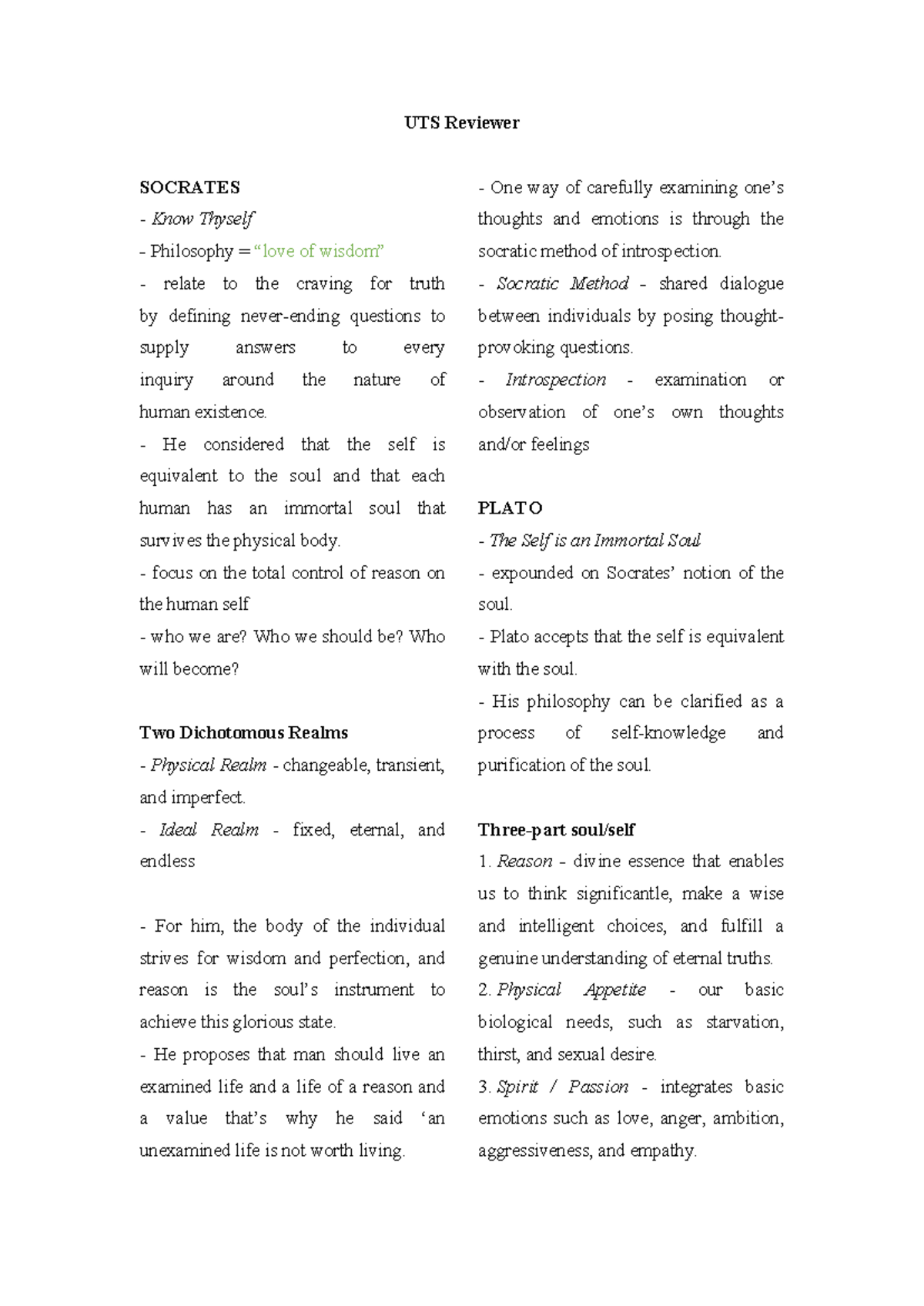 UTS Philosophy Reviewer: Examining the Self and Immortal Soul - Studocu
