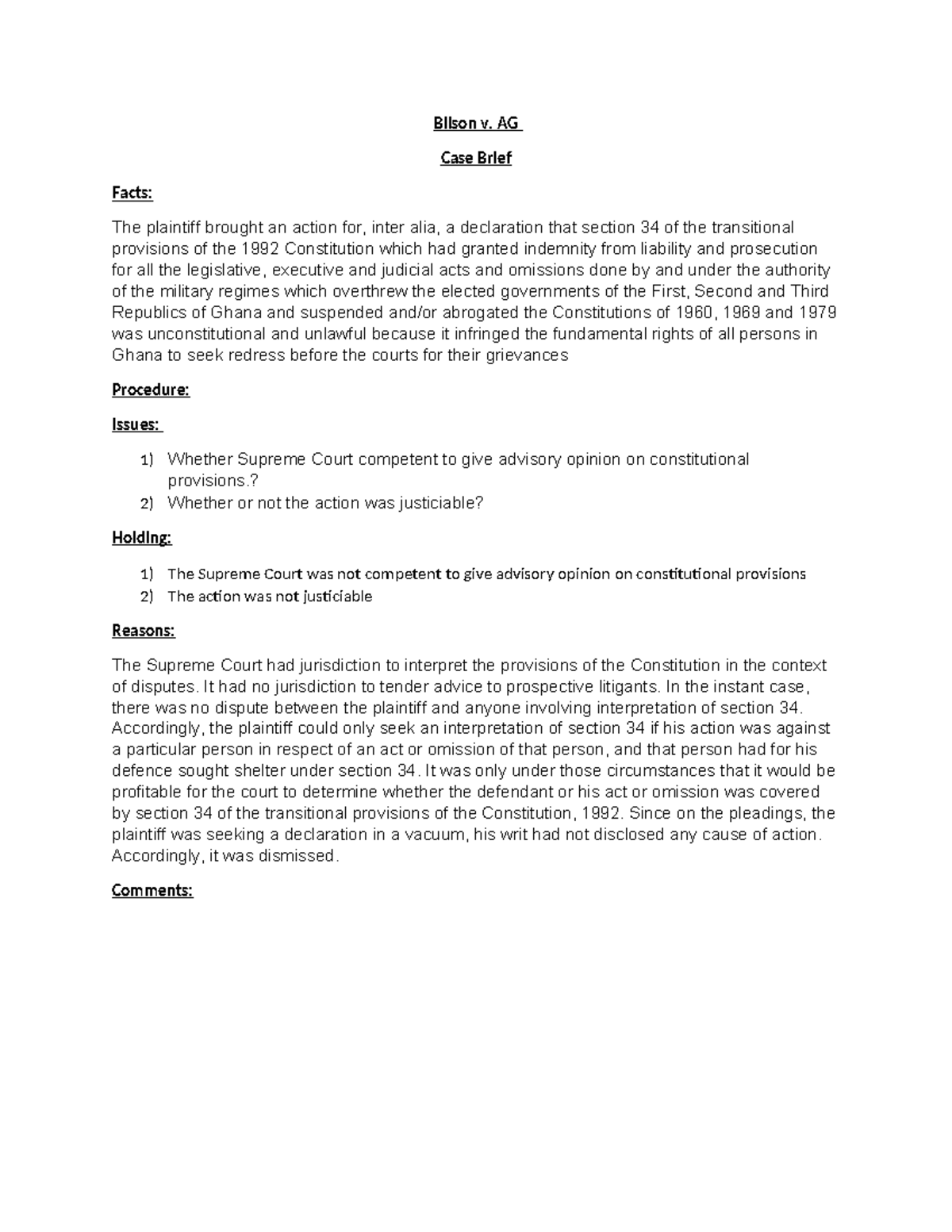 (CB) Bilson v AG - Case Brief Analysis and Judicial Findings - Studocu