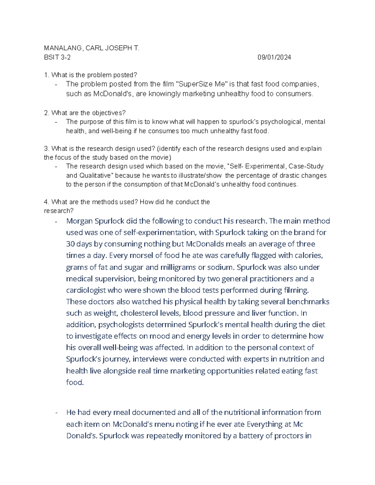 Analysis of Health Impacts in "Super Size Me" (BSIT 3-2) - Studocu