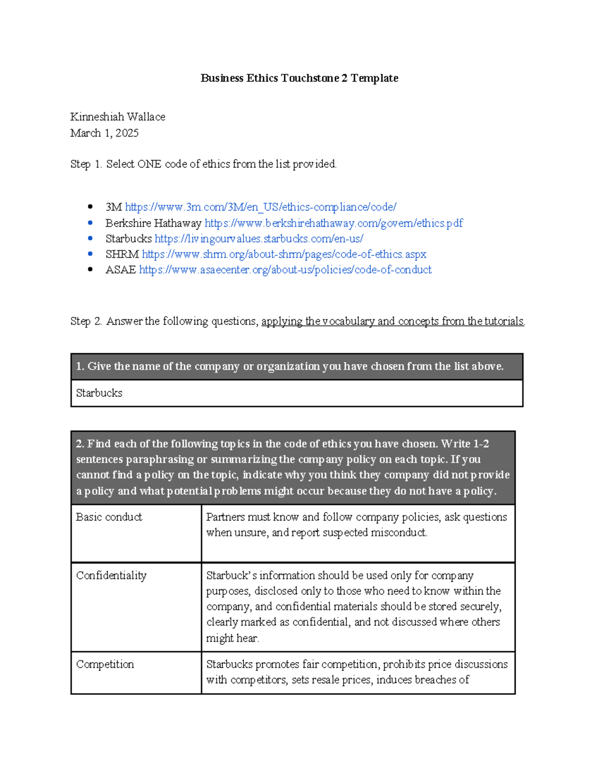 Touchstone 2 Review a Code of Ethics - Business Ethics Touchstone 2 Template Kinneshiah Wallace ...