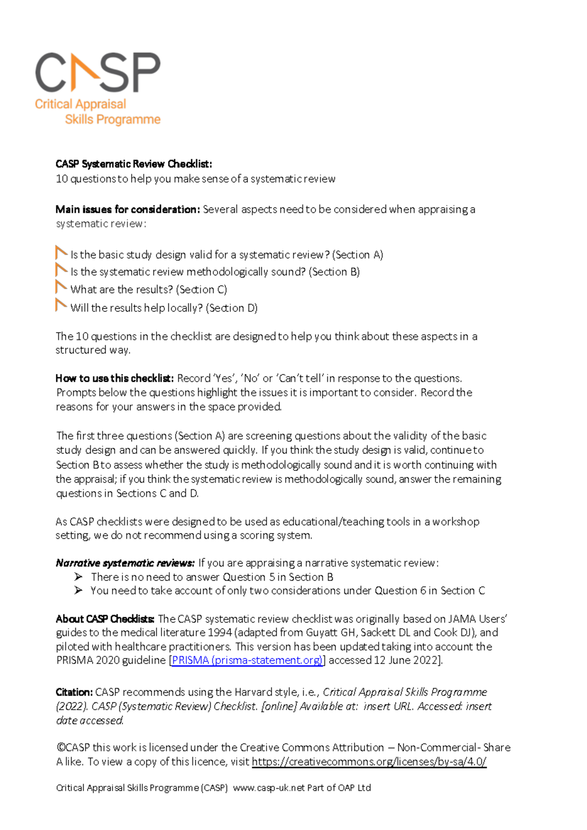 CASP Systematic Review Checklist 2022: An Appraisal Guide - Studocu