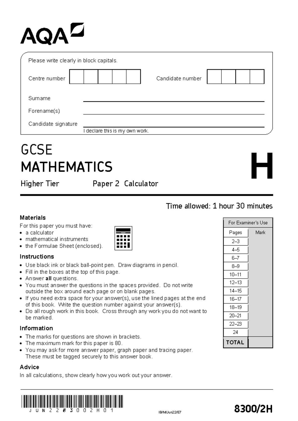 GCSE Mathematics Paper 2 Higher Tier - AQA May 2022 Exam - Studocu