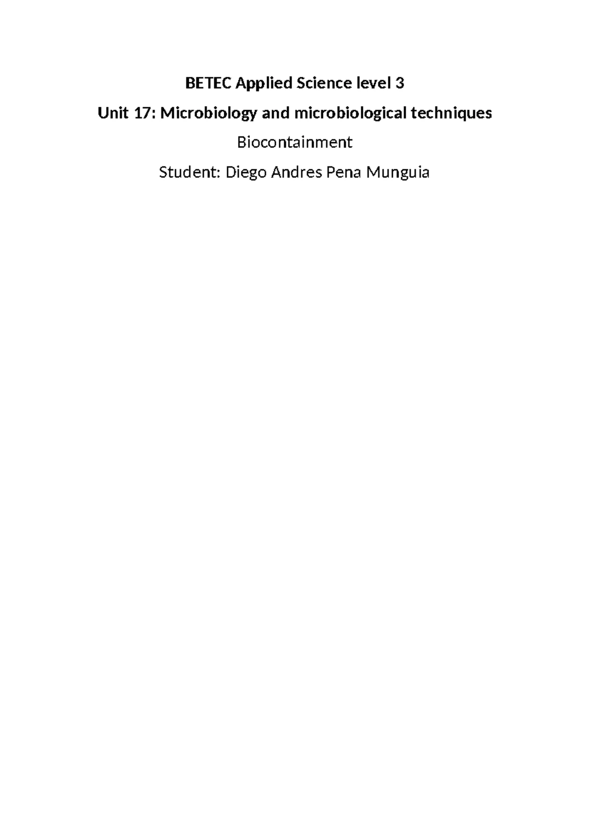Unit 17 C D Biology Biocontainment - BETEC Applied Science level 3 Unit ...
