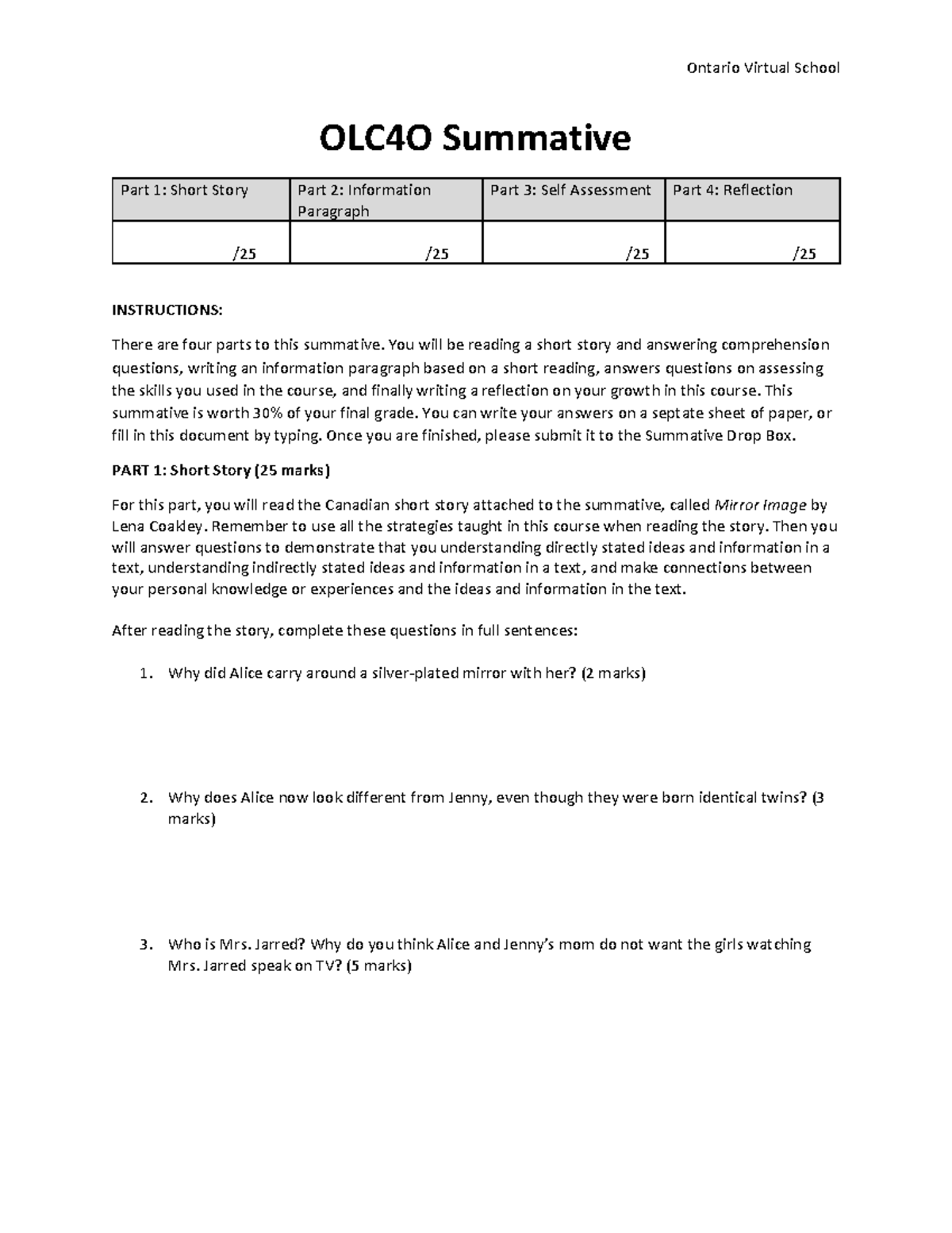 OLC4O Final Exam Summative: Short Story & Self-Reflection Guide - Studocu