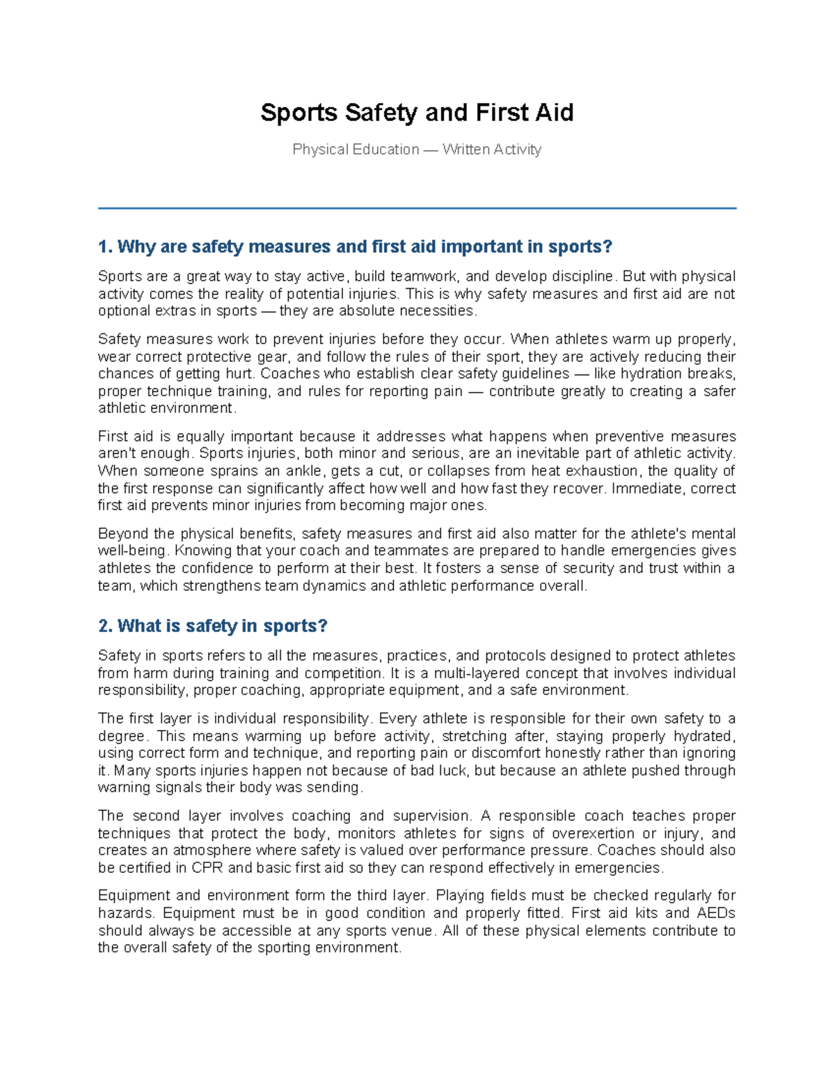 Sports Safety and First Aid: PE Written Activity 1 - Studocu