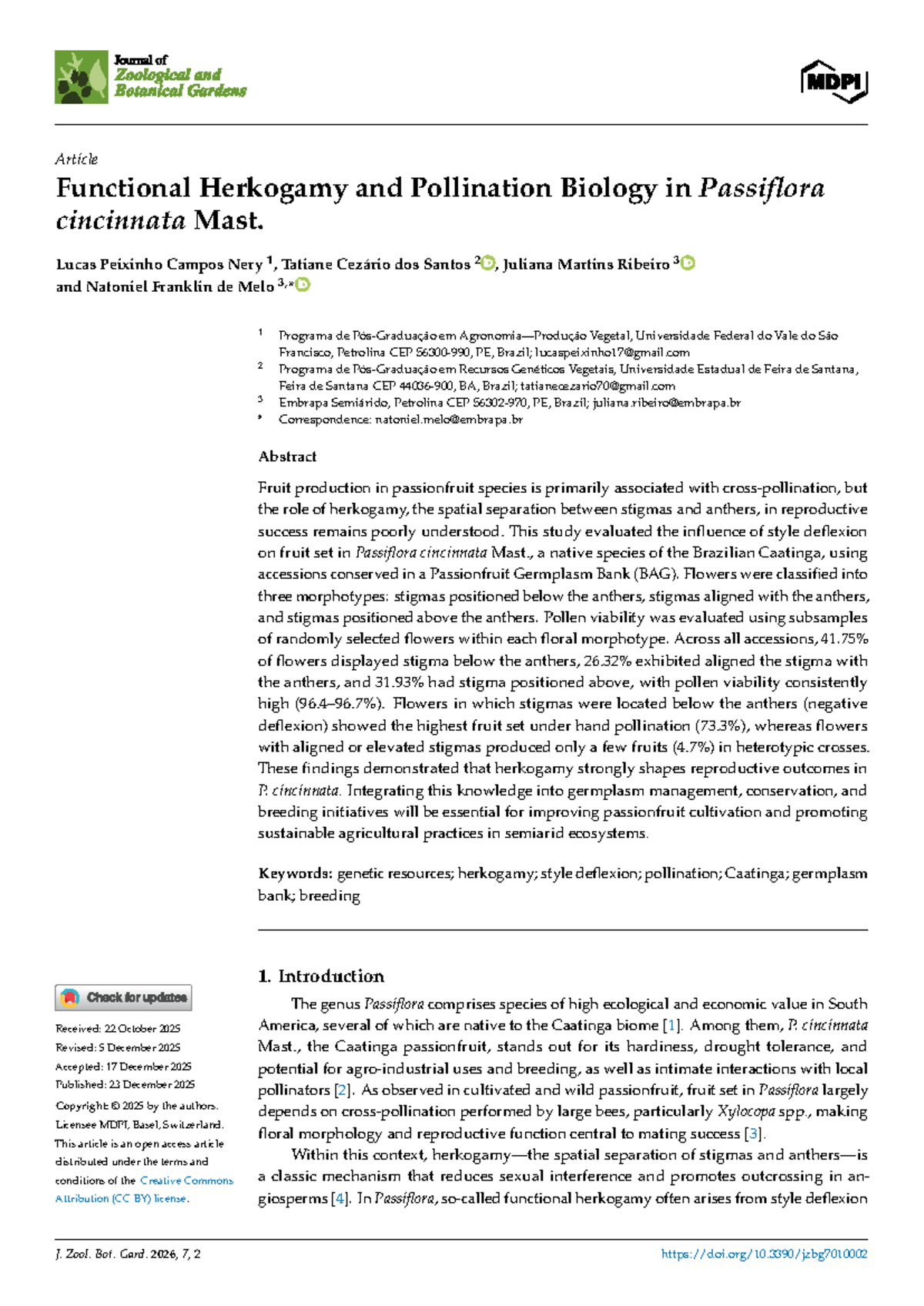 Functional Herkogamy and Pollination in Passiflora cincinnata: Insights ...