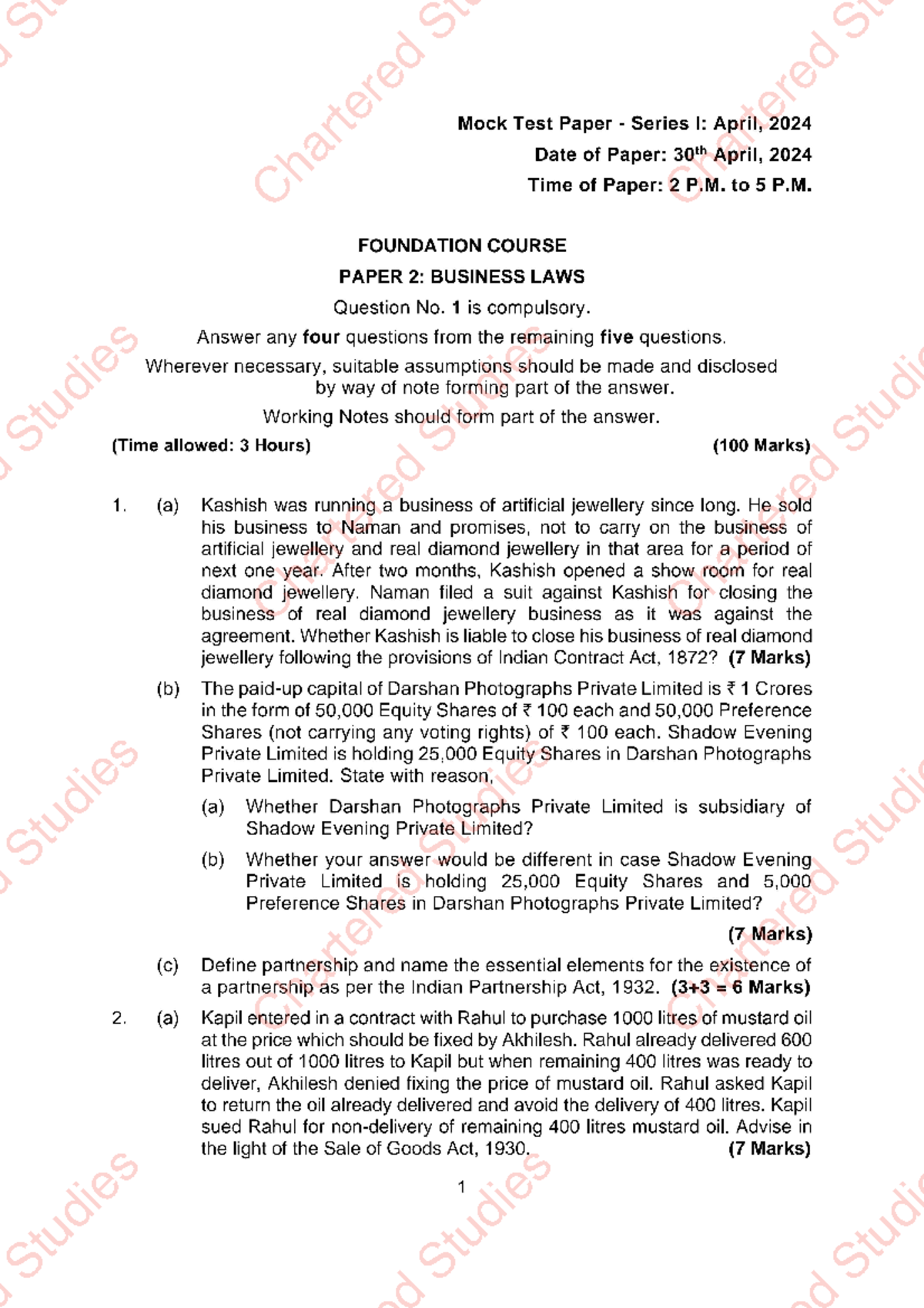 CA Foundation Paper 2 Business Laws MTP Series 1 Questions & Answers ...