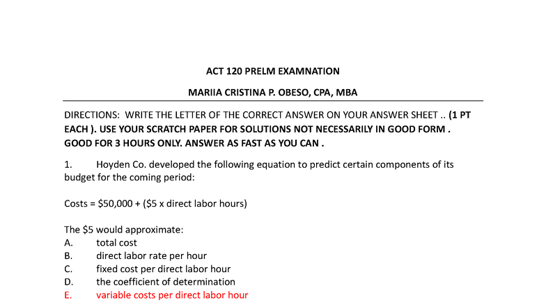 ACT 120 Preliminary Examination 2024: Comprehensive Review - Studocu