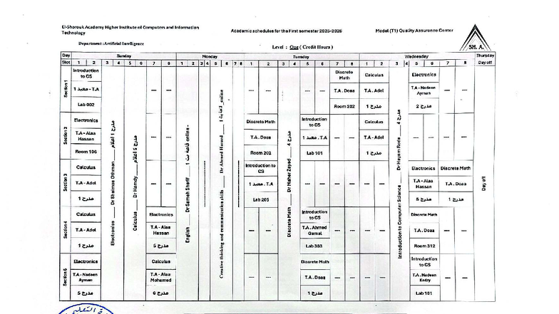 Academic Schedule for Computer Science (CS) - First Semester Model (T1 ...