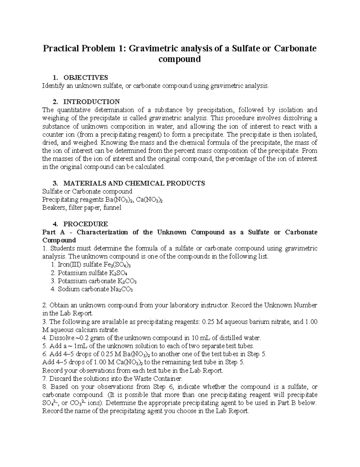 Practical Problem 1: Gravimetric Analysis of Sulfate/Carbonate ...