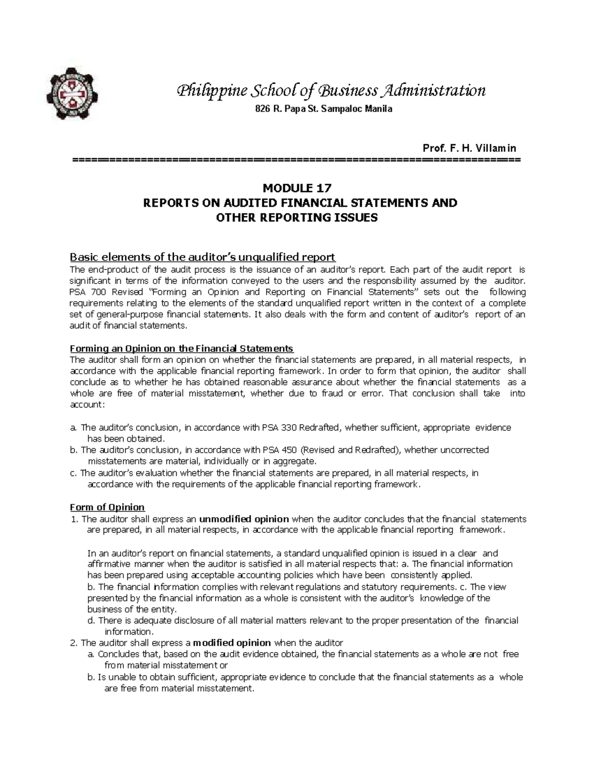 AT Module 17 - Audit Reporting Issues: Unqualified Financial Statements ...