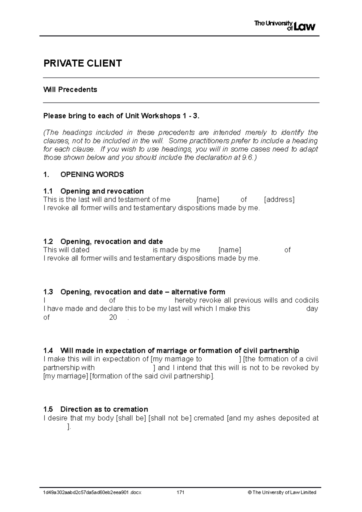 Will Precedent for Private Client Workshops 1-3 - Studocu