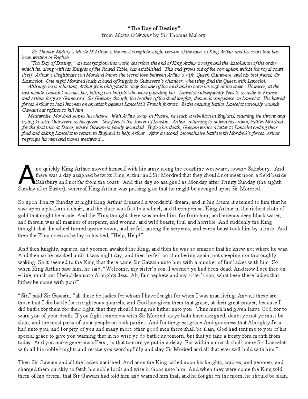 The Day of Destiny: Analysis and Comprehension of Malory's Morte D ...