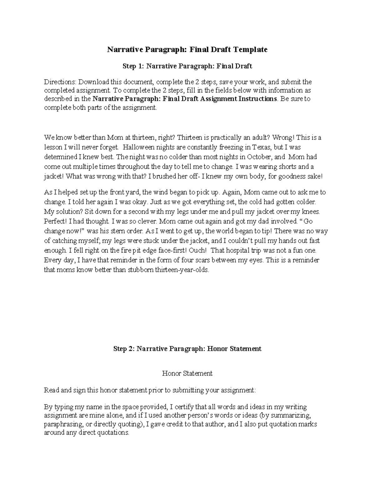 Final Draft: Narrative Paragraph with Honor Agreement Instructions ...