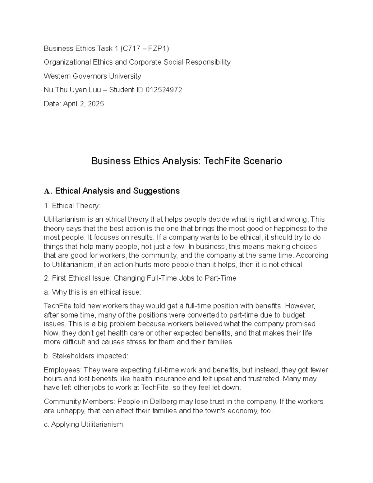 Business Ethics Task 1 (C717 FZP1): Analyzing TechFite's Ethical Issues ...