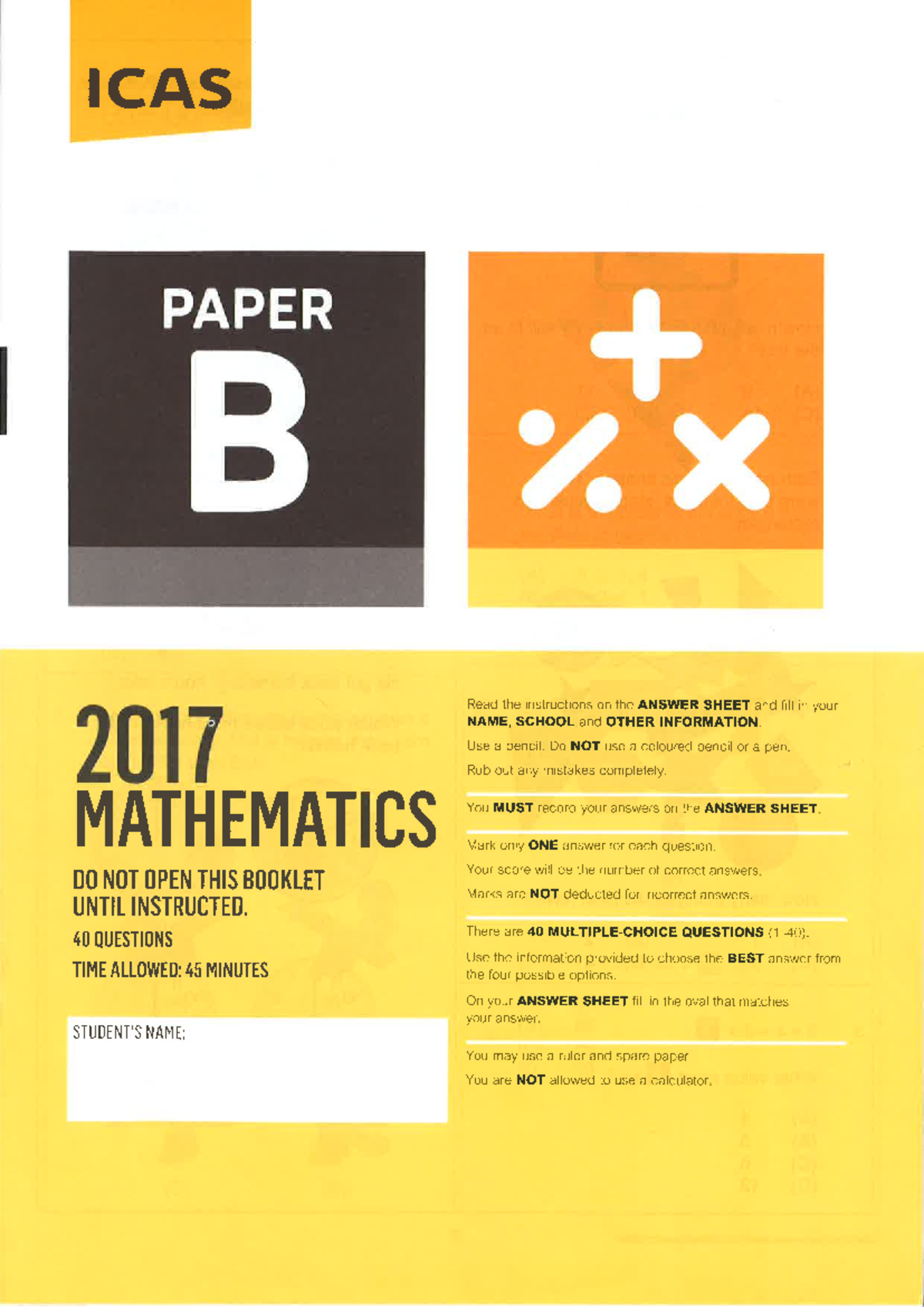 ICAS Mathematics Paper B 2017 - Answer Sheet Instructions - Studocu
