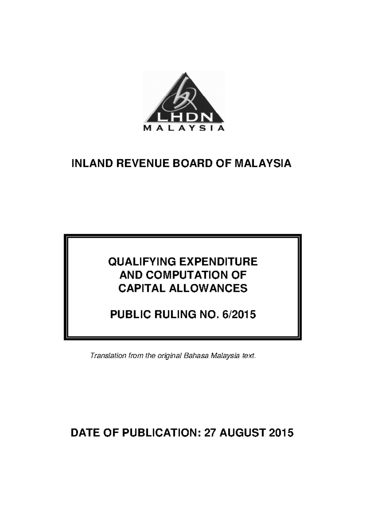 Capital Allowances Computation: Public Ruling IRB No. 6/2015 - Studocu