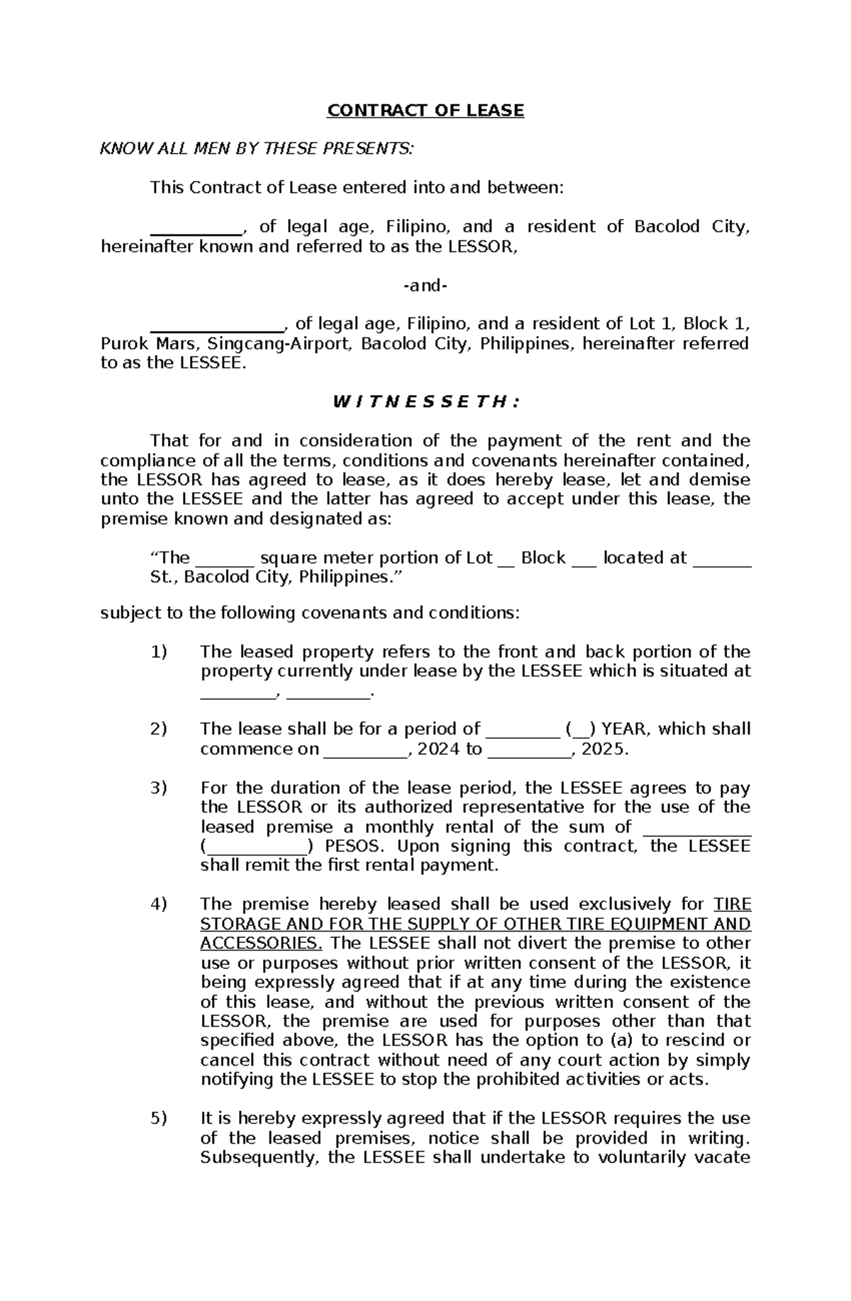 Contract of Lease Template for Property Use - Sample Document - Studocu