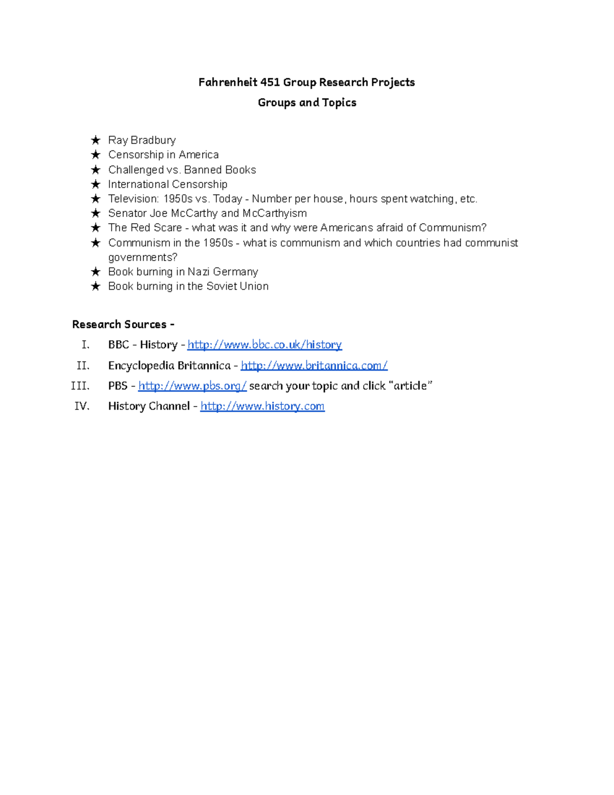 Fahrenheit 451 Group Research Projects - 2nd Hour - Fahrenheit 451 ...