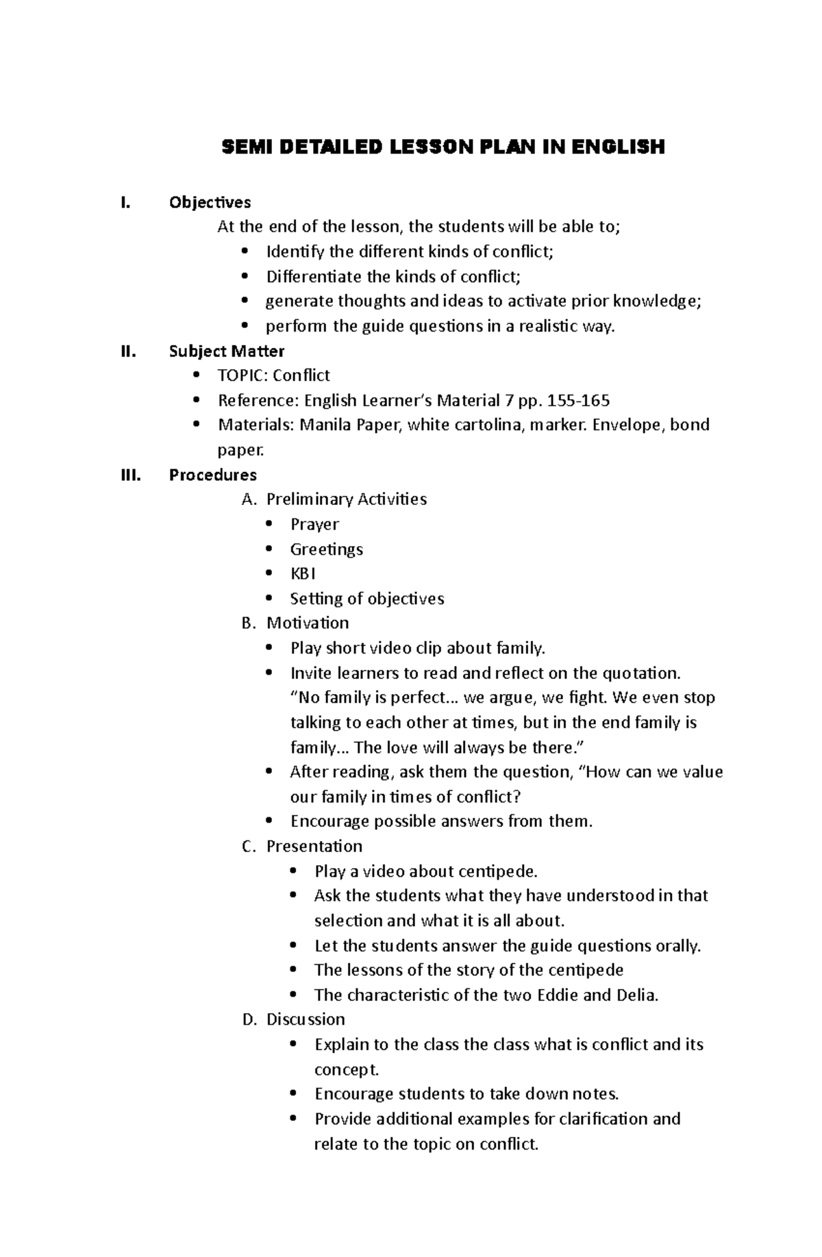 Conflict Semi-Detailed Lesson Plan for English 7 - Studocu
