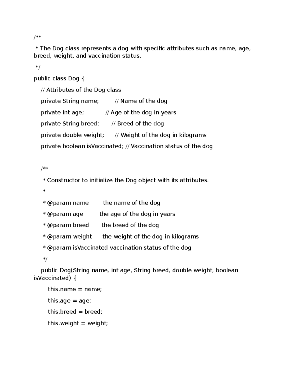 Dog class code - hope this helps - /** The Dog class represents a dog ...