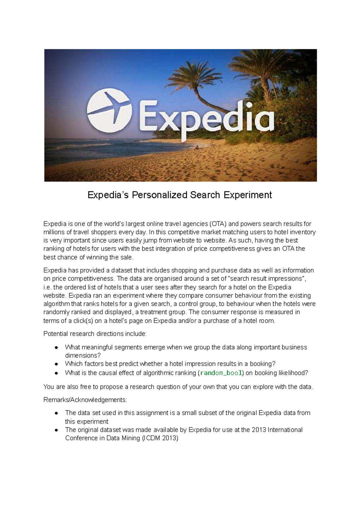 Expedia - Personalized Search Experiment Analysis (Course Code: TBD ...
