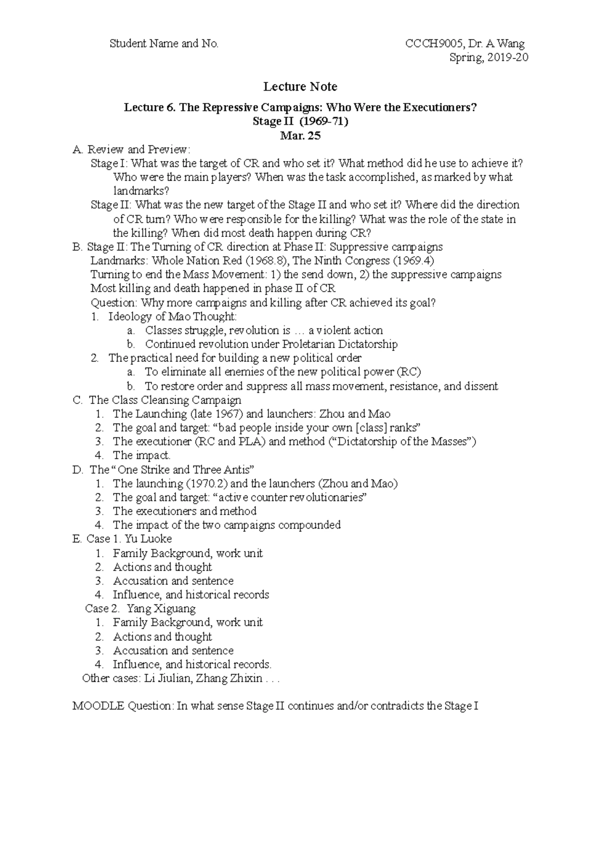 CCCH9005 Lecture Outline: The Chinese Cultural Revolution (2024-25 S1 ...