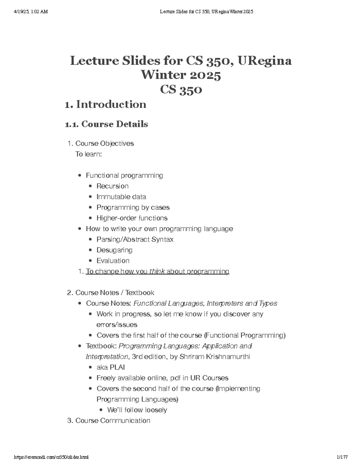 Lecture Slides for CS 350: Functional Programming - Winter 2025 - Studocu