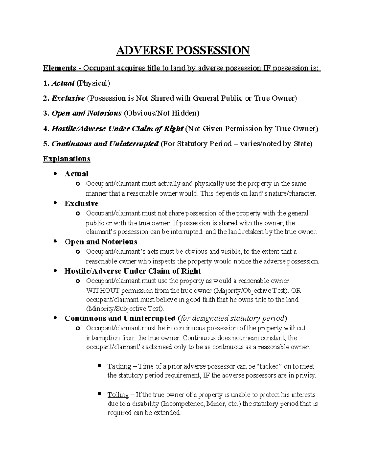 Adverse Possession - Outline LSP - ADVERSE POSSESSION Elements ...