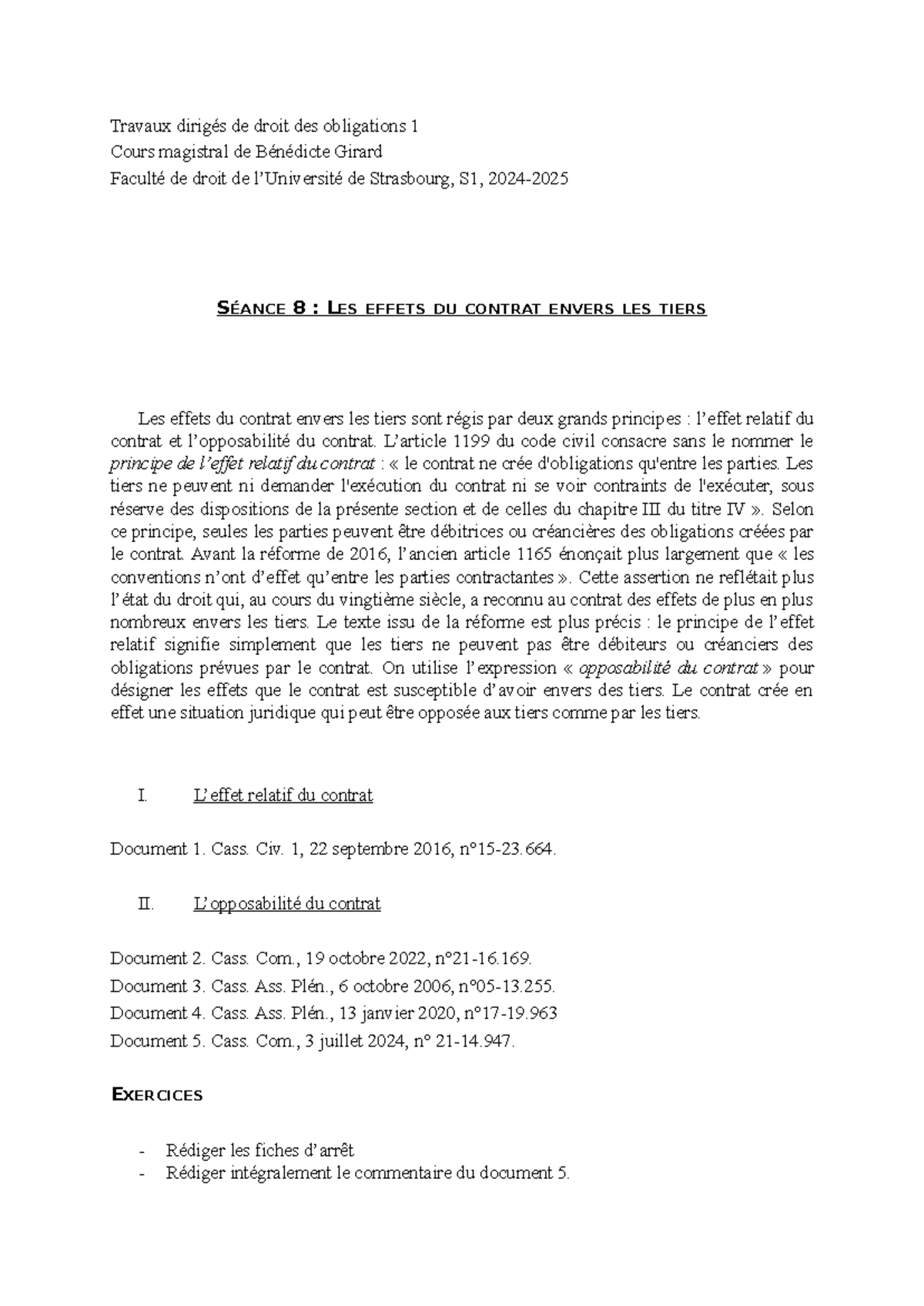 TD Droit des Obligations 1 - Séance 8 : Effets du Contrat envers les ...