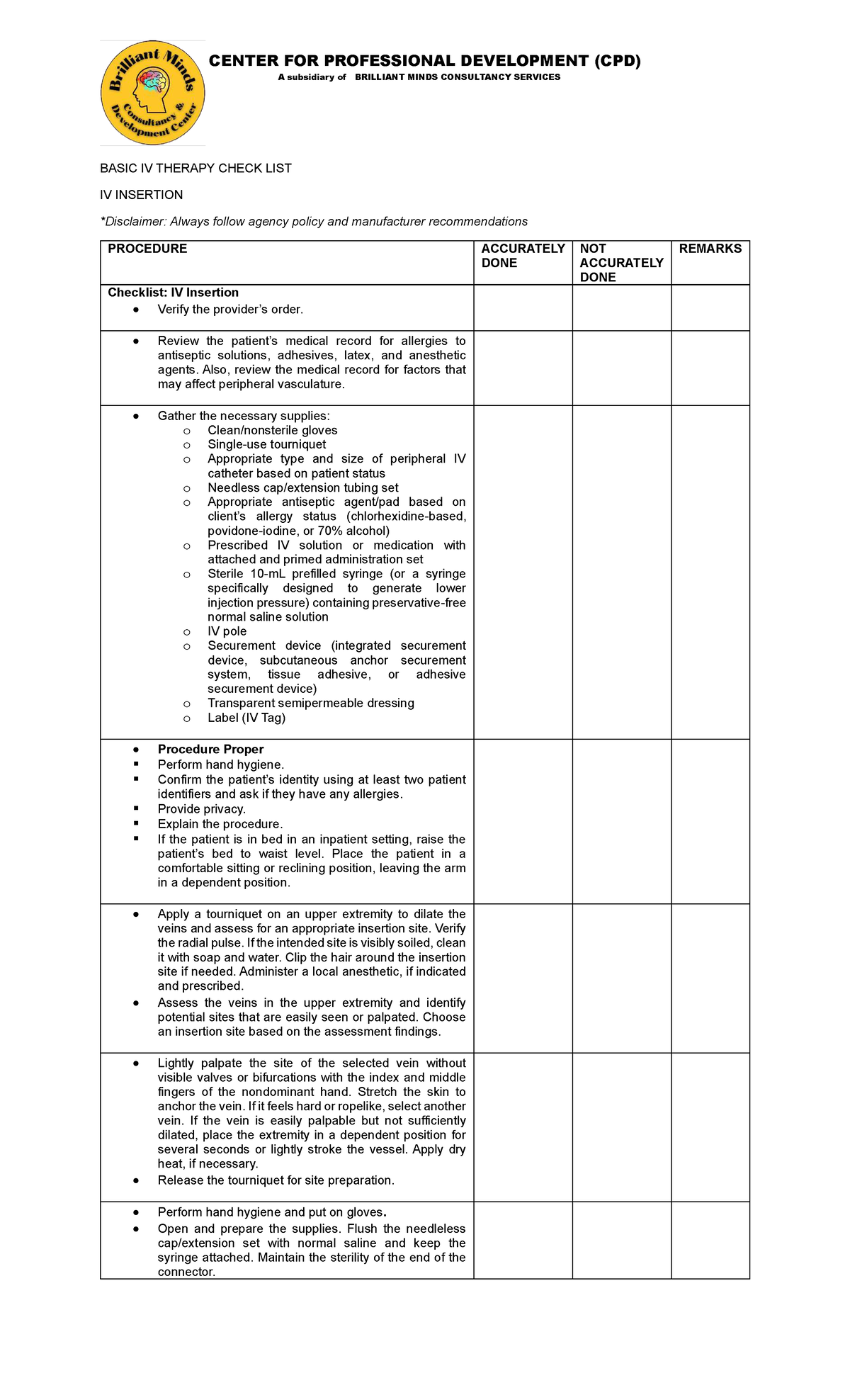 Basic IV Therapy Checklist (CPD) for IV Insertion Procedures - Studocu