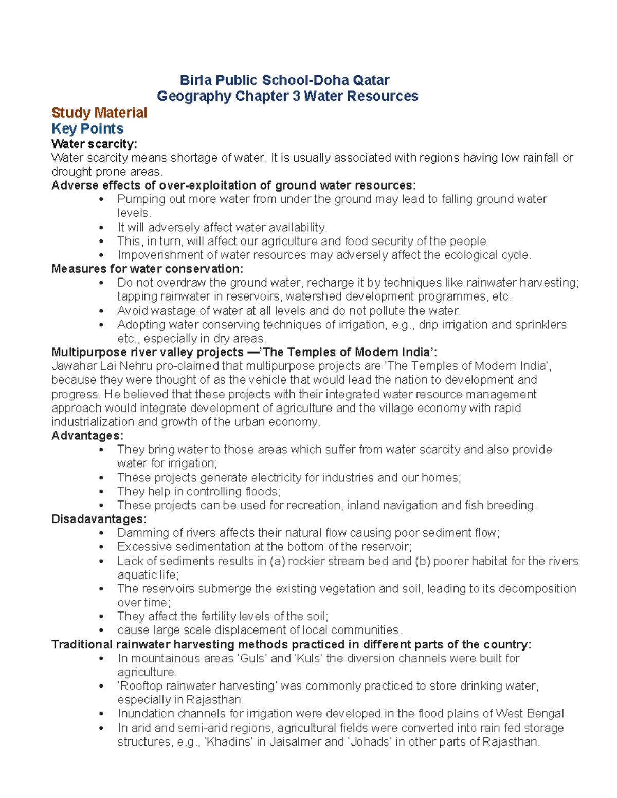 Geography Study Material: Chapter 3 - Water Resources (Birla Public ...
