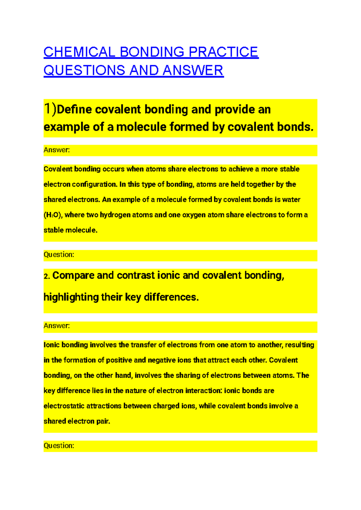 Chemical Bonding Practice Questions and Answers (CHEM 101) - Studocu