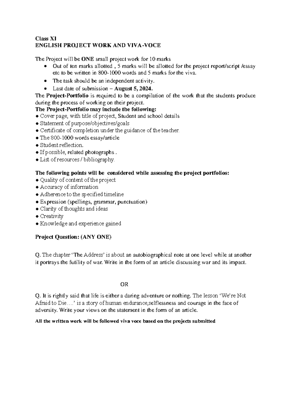 Class XI Holiday Homework Guidelines and Project Details - Studocu