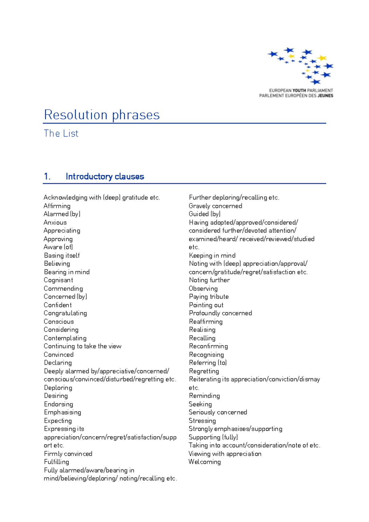 Resolution phrases - Resolution phrases The List 1. Introductory ...