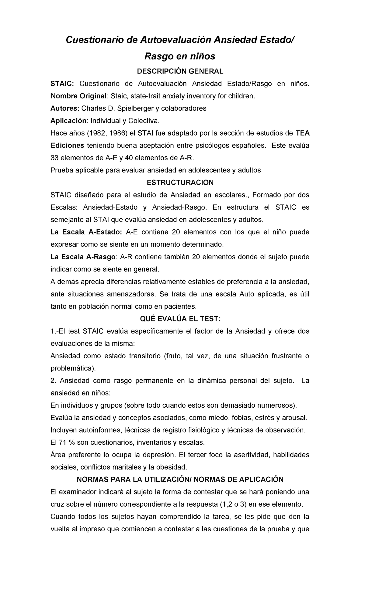 STAIC: Cuestionario de Autoevaluación de Ansiedad en Niños - Studocu