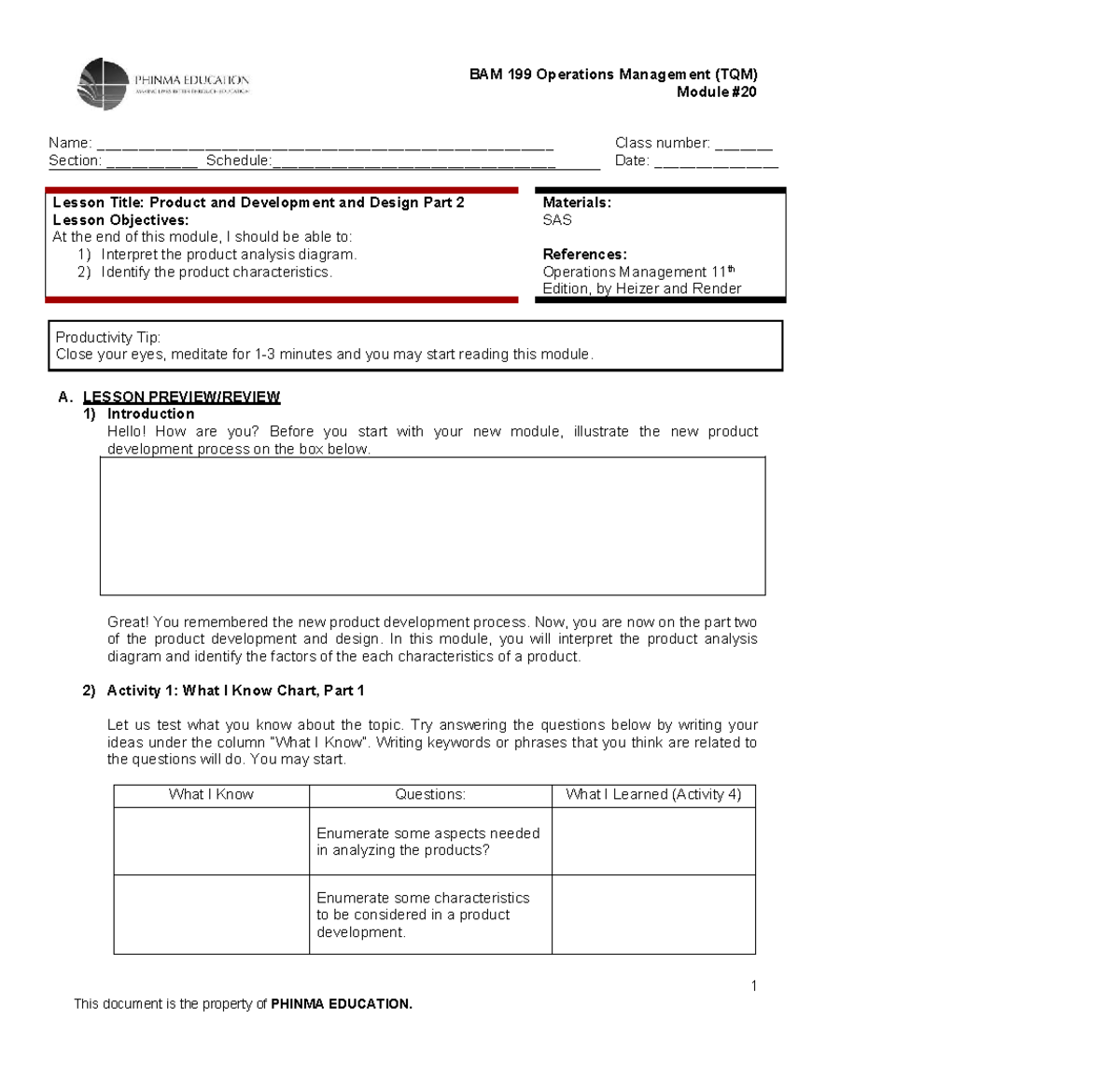 BAM 199 Operations Management (TQM) Lesson: Product Development ...