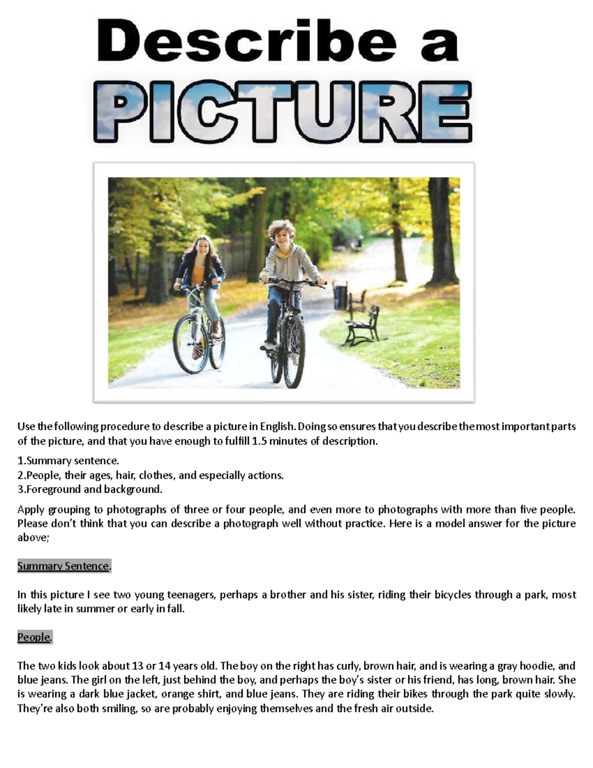 Describing a Picture in English - Use the following procedure to ...