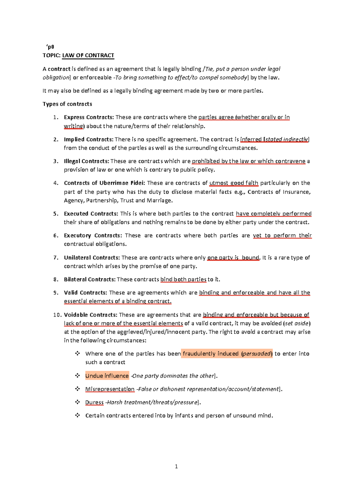 LAW 101: Overview of Contract Types and Legal Implications - Studocu